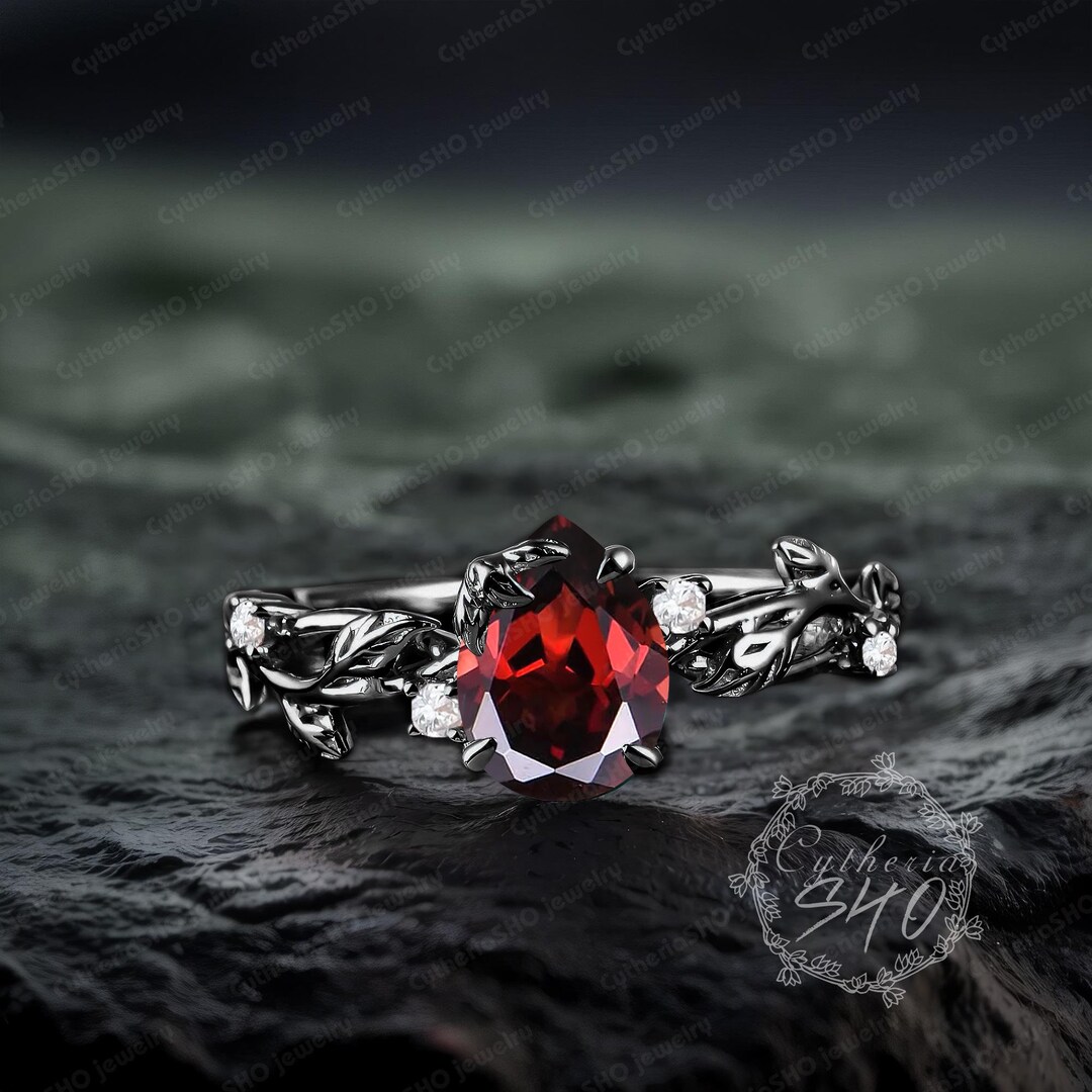 Gothic Pear Cut Red Garnet Engagement Ring Unique Black Gold Promise Ring Nature Inspired Art ...