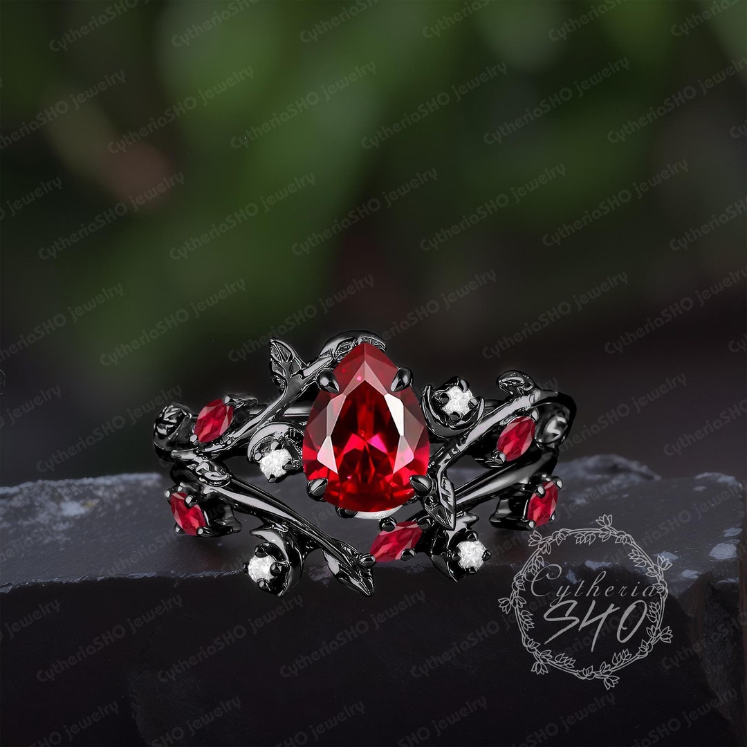 Gothic Pear Cut Ruby Engagement Ring Set Art Deco 14K Black Gold Leaf ...