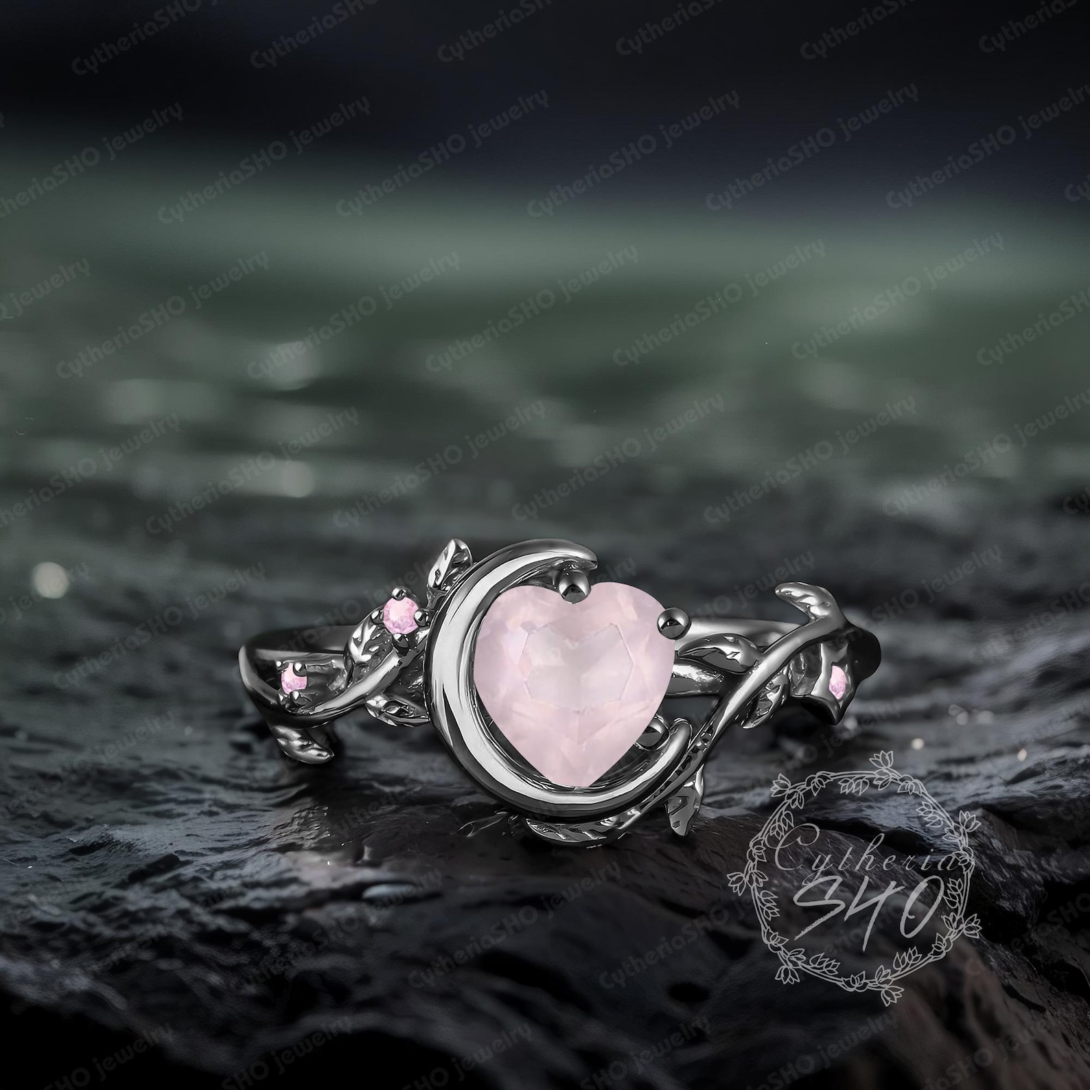 Art Deco Heart Cut Rose Quartz Engagement Ring Solid 14K Rose Gold ...