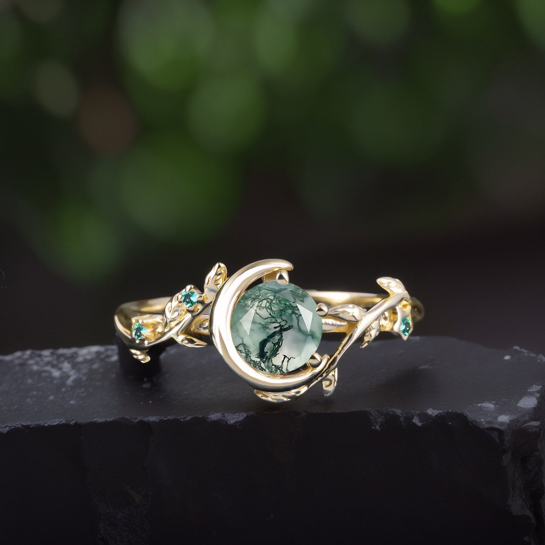 Vintage Moss Agate Engagement Ring Art Deco Solid 14k Gold Bezel ...