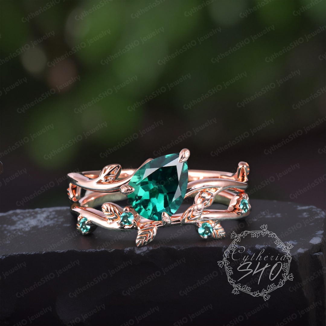 Pear Shaped Emerald Engagement Ring Sets 14k Rose Gold Leaf Ring Bridal ...