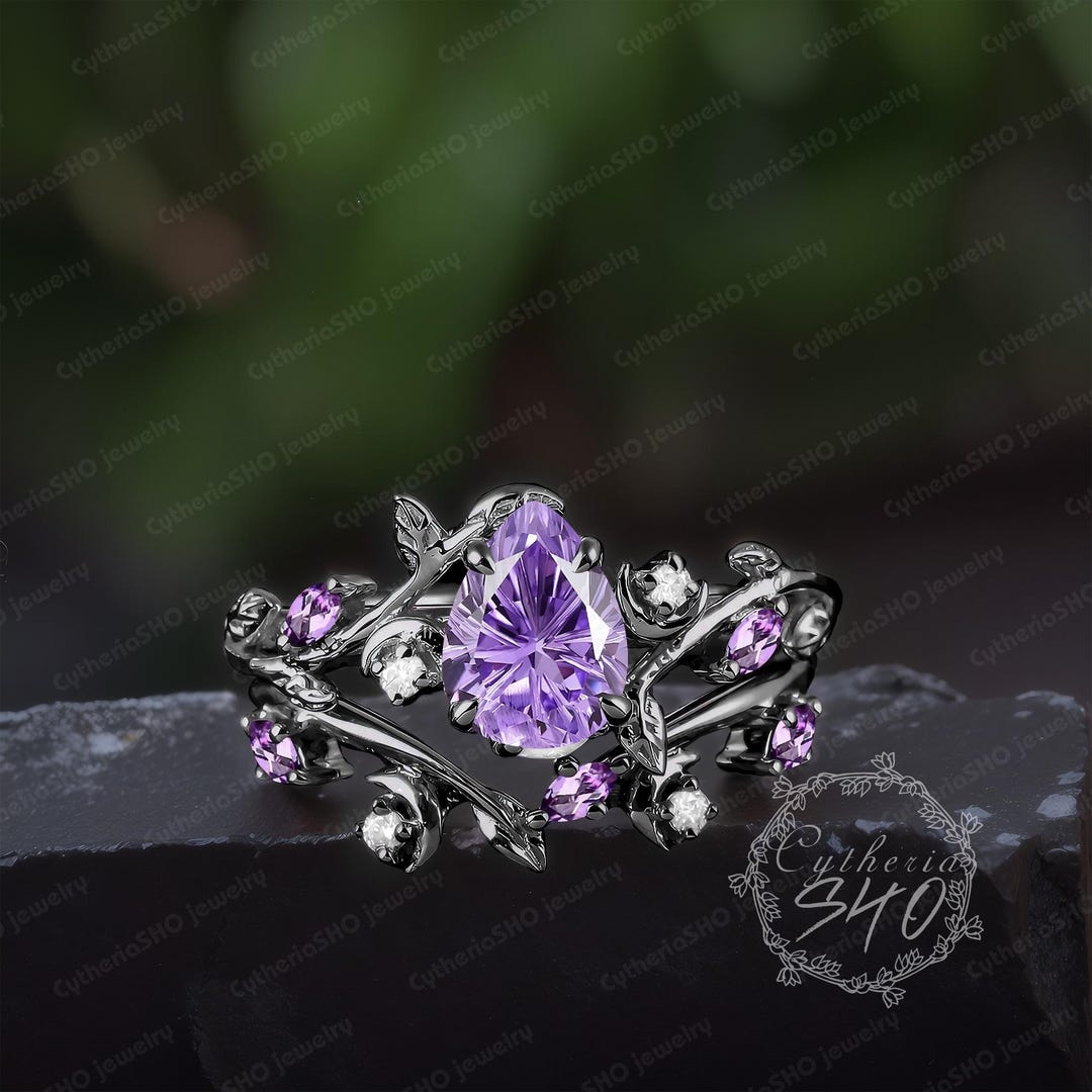 Firework Cut Pear Amethyst Engagement Ring Set Nature Inspired Leaf ...