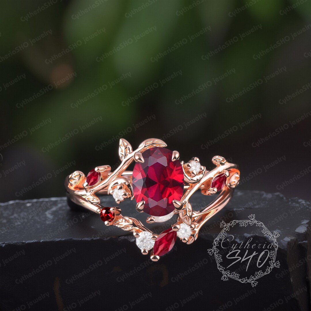 Vintage Oval Cut Ruby Engagement Ring Set Soild 14K Rose Gold Leaf ...
