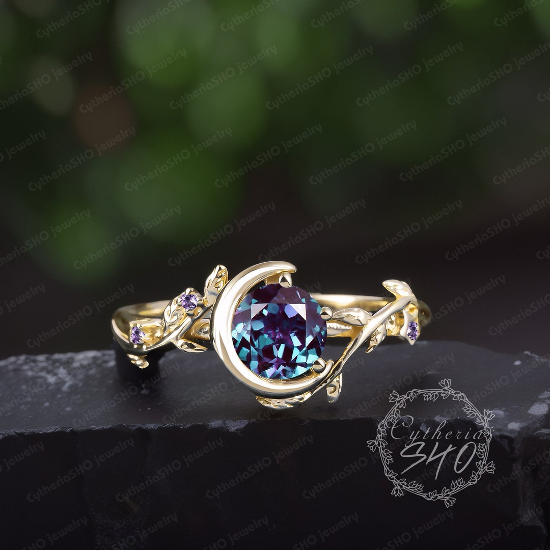 Vintage Alexandrite Engagement Ring Solid 14K Gold Gemstone Promise ...