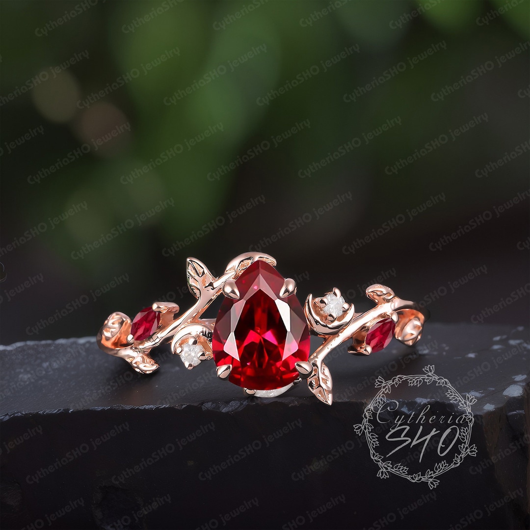 Vintage Pear Shaped Red Ruby Engagement Ring Soild 14K Rose Gold ...