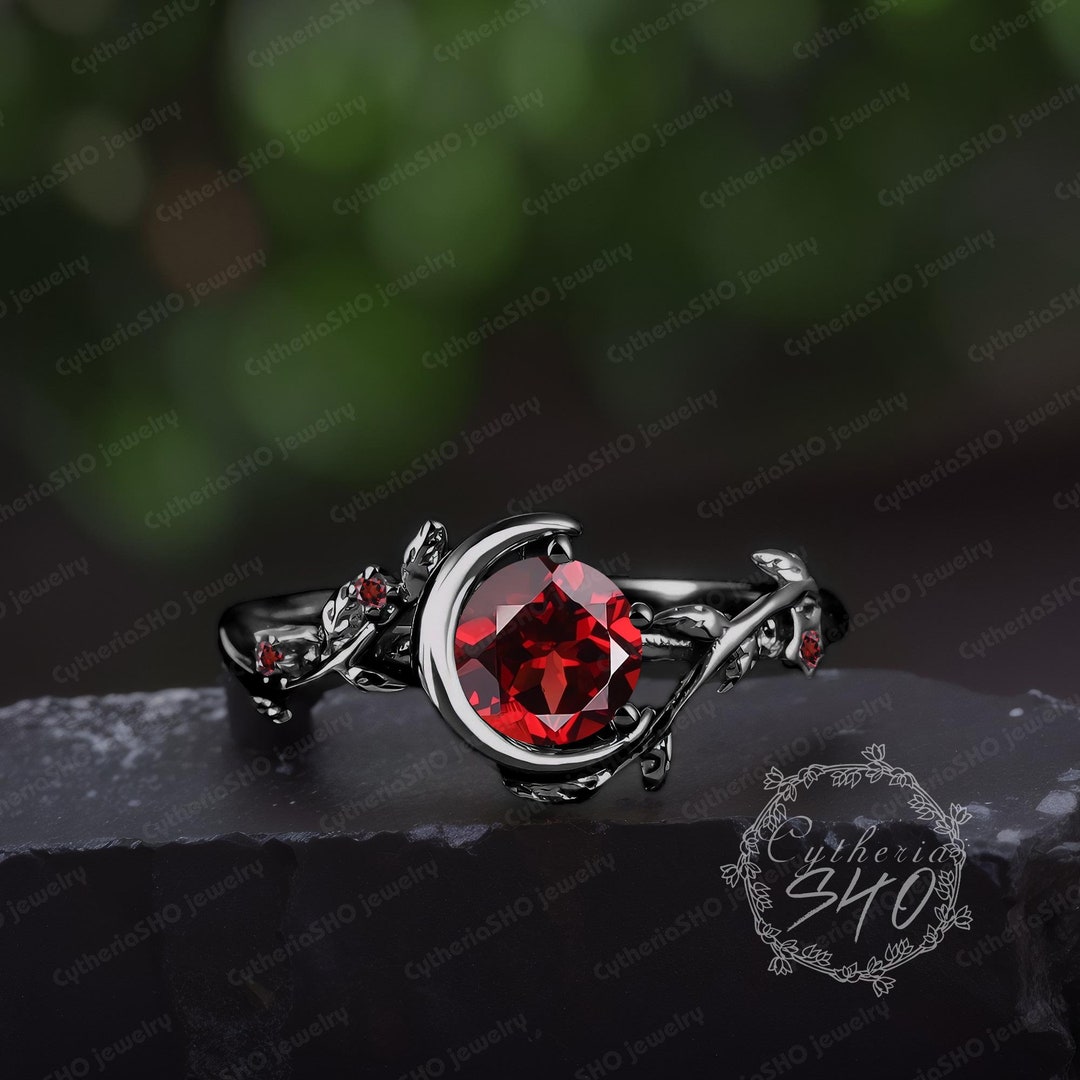 Gothic Red Garnet Engagement Ring 14K Black Gold Gemstone Promise Ring ...