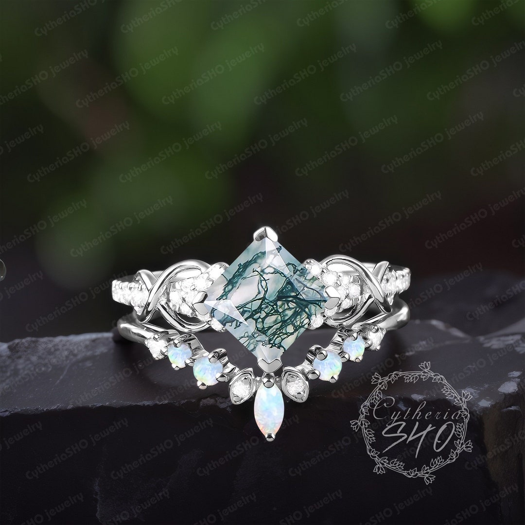Vintage Princess Cut Moss Agate Engagement Ring Sets Art Deco 14k White ...