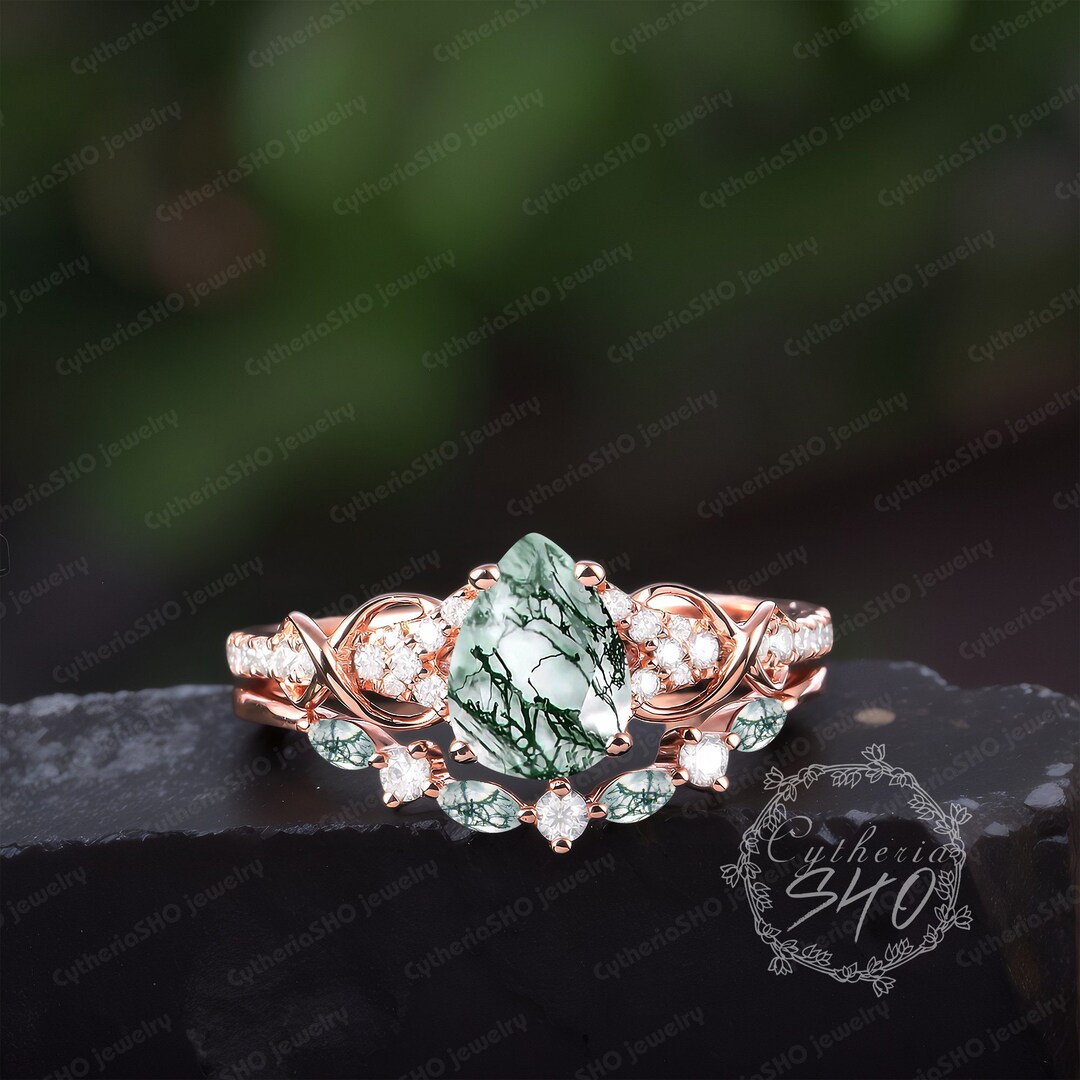 Vintage Pear Shaped Moss Agate Engagement Ring Sets Art Deco 14k Rose ...