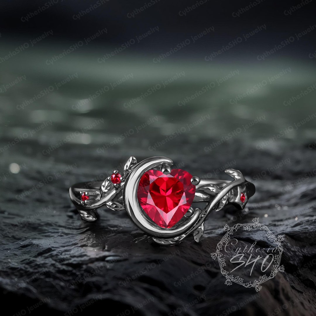 Gothic Heart Cut Ruby Engagement Ring 14K Black Gold Red Gemstone ...