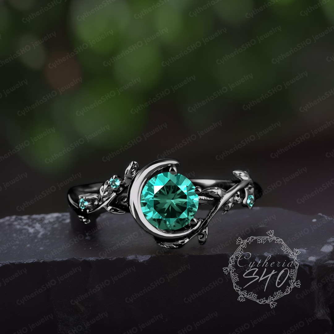 Gothic Emerald Engagement Ring 14K Black Gold Promise Ring Nature ...
