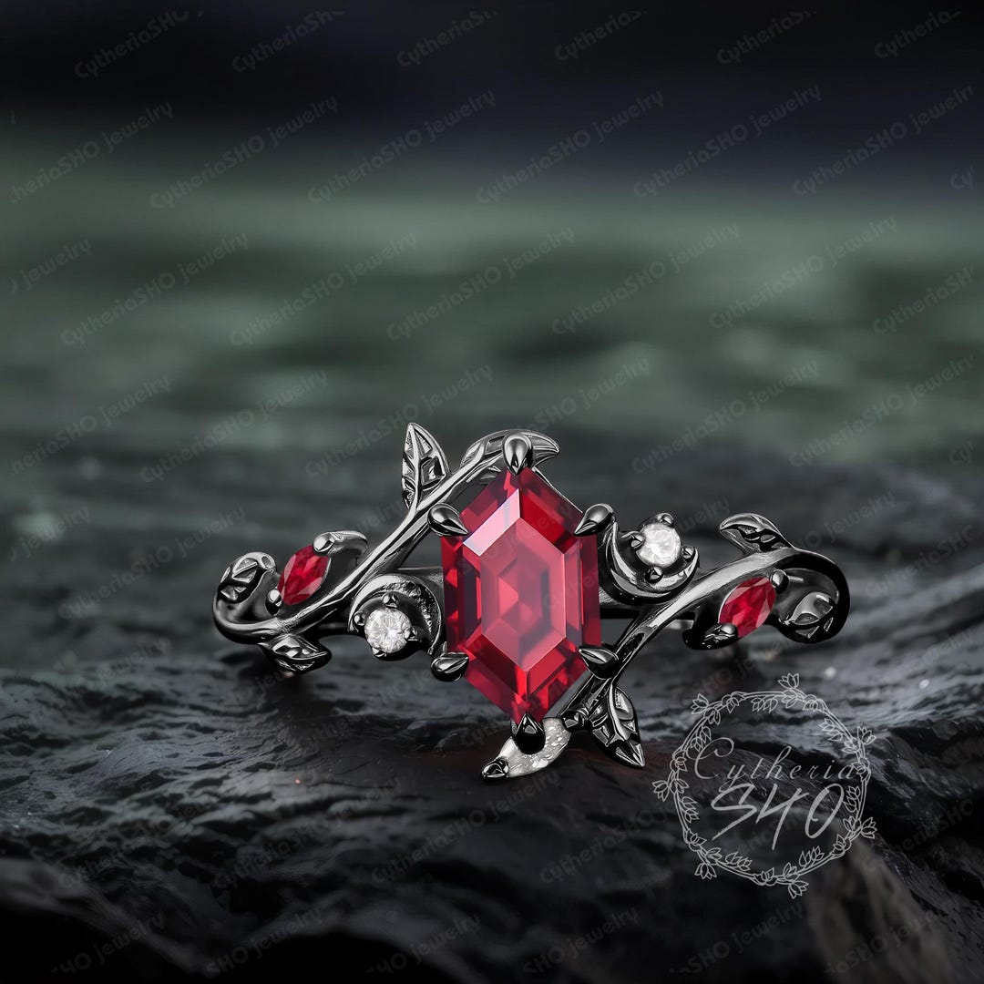 Gothic Long Hexagon Ruby Engagement Ring Art Deco Black Gold Promise ...