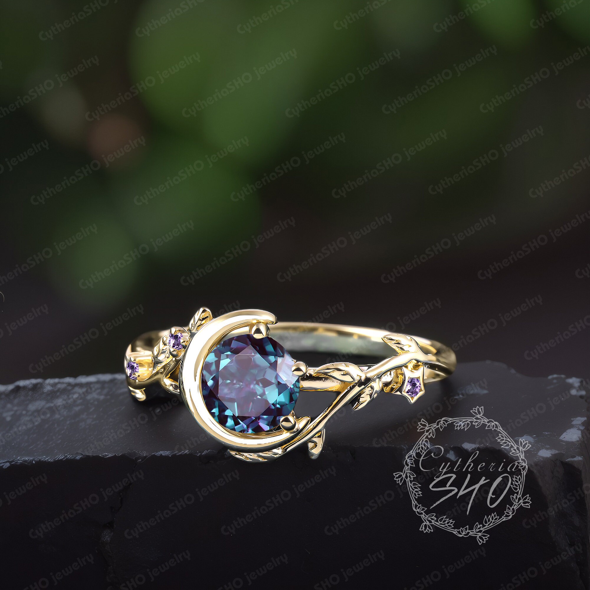 Vintage Alexandrite Engagement Ring Solid 14K Gold Gemstone Promise ...