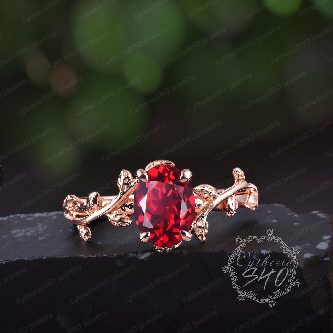 Oval Ruby Engagement Ring Leaf Rose Gold Ring Solitaire Ring Platinum ...