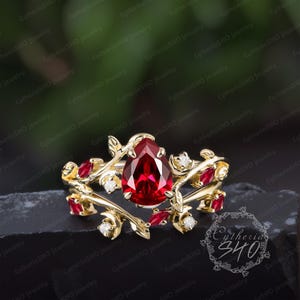 Gothic Pear Cut Ruby Engagement Ring Set Art Deco 14K Black Gold Leaf ...