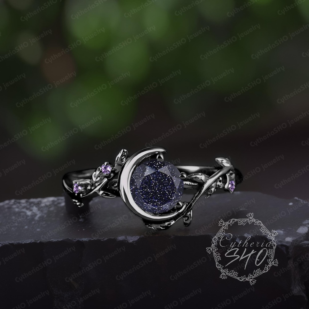 Gothic Blue Sandstone Engagement Ring 14K Black Gold Gemstone Promise ...