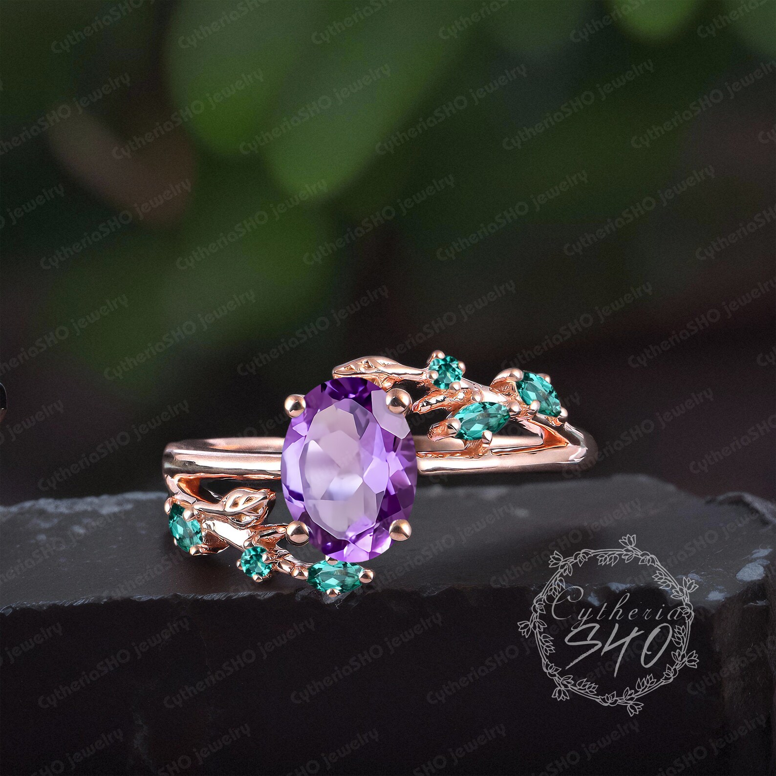 Vintage Oval Amethyst Engagement Ring 14krose Gold Promise Ring Leaf ...