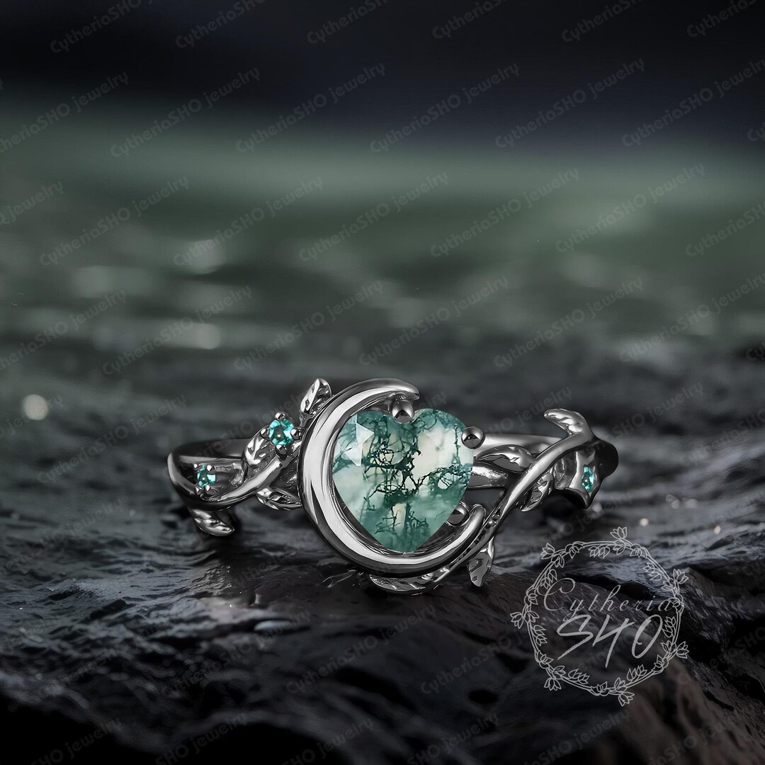Gothic Heart Cut Moss Agate Engagement Ring Unique 14K Black Gold ...