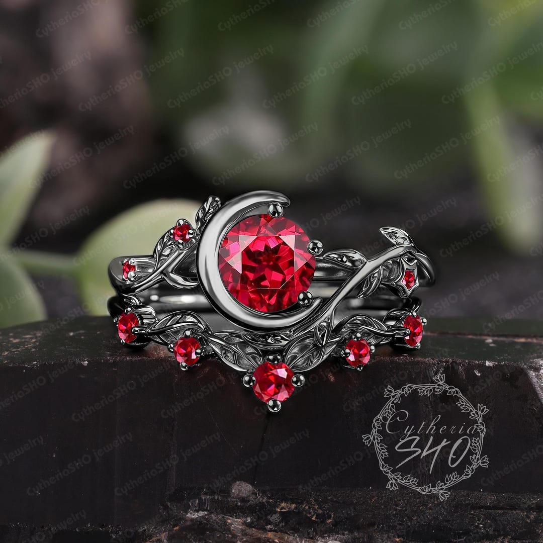 Gothic Red Ruby Engagement Ring Set Art Deco Black Gold Leaf Moon ...