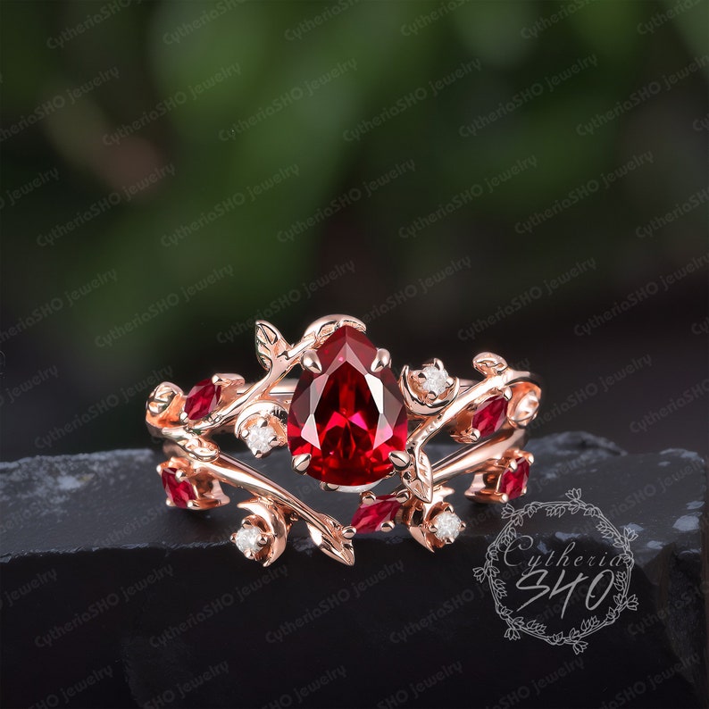 Vintage Pear Shaped Red Ruby Engagement Ring Soild 14K Rose Gold ...