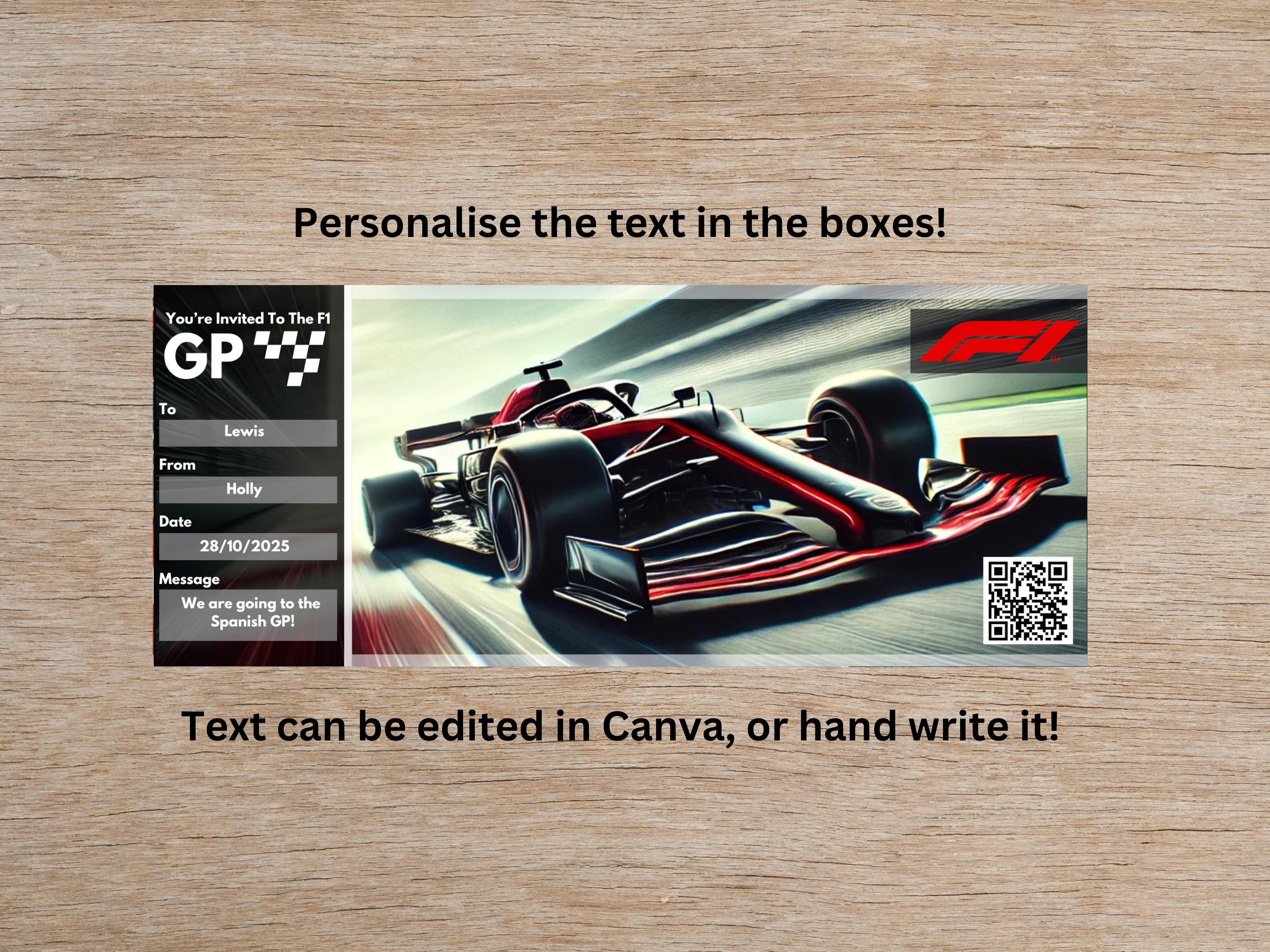 Personalised Printable FORMULA 1 Gift Ticket, Formula One Ticket, F1 ...