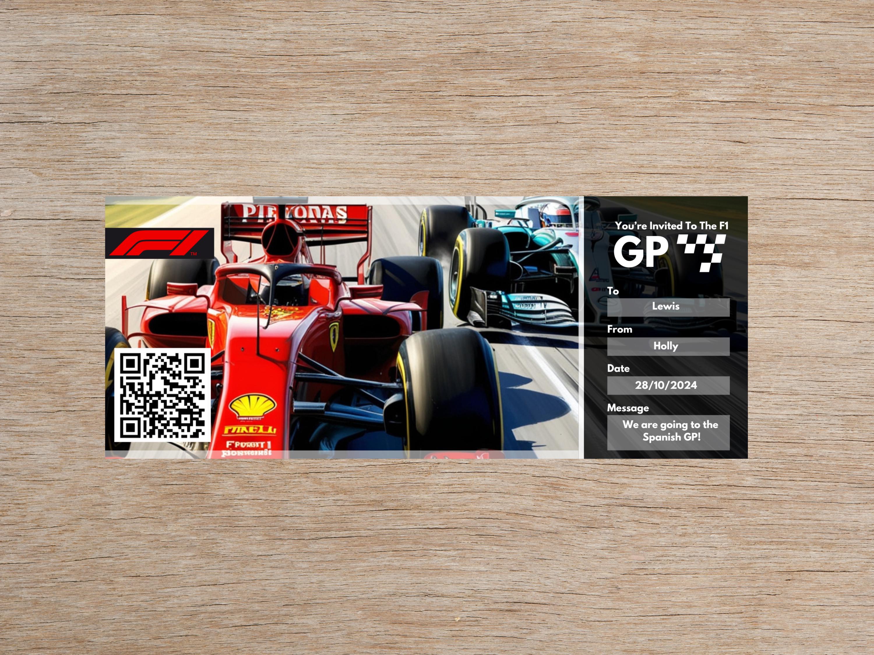 Personalised Printable FORMULA 1 Gift Ticket. F1 Grand Prix, Formula ...