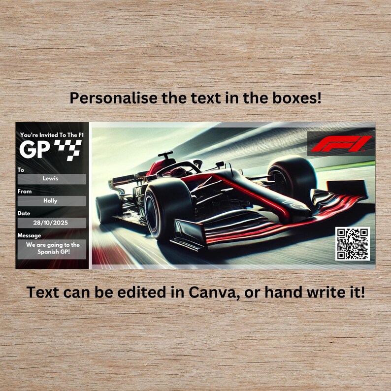 Personalised Printable FORMULA 1 Gift Ticket, Formula One Ticket, F1 ...