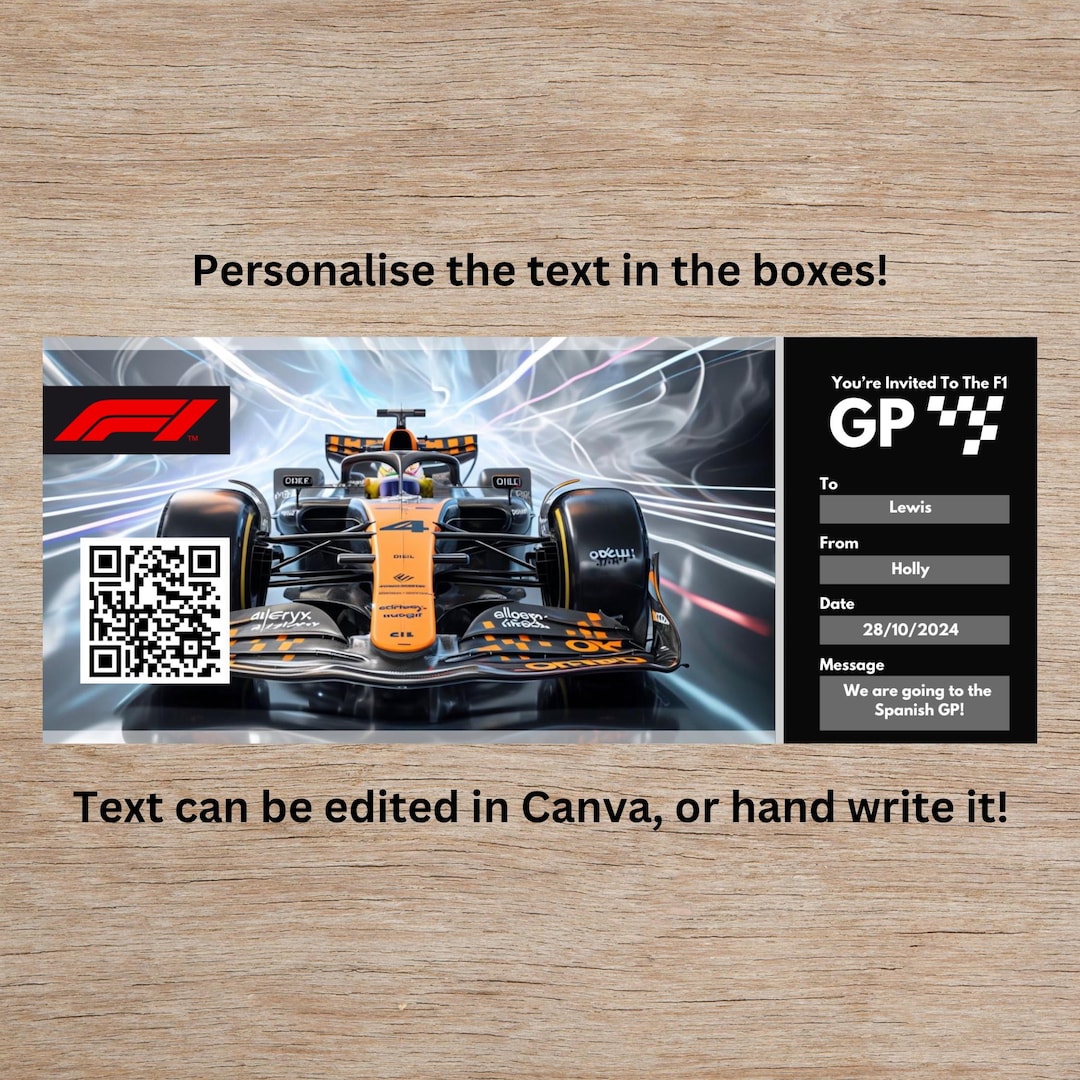 Personalised Printable FORMULA 1 Gift Ticket. F1 Grand Prix, Formula ...