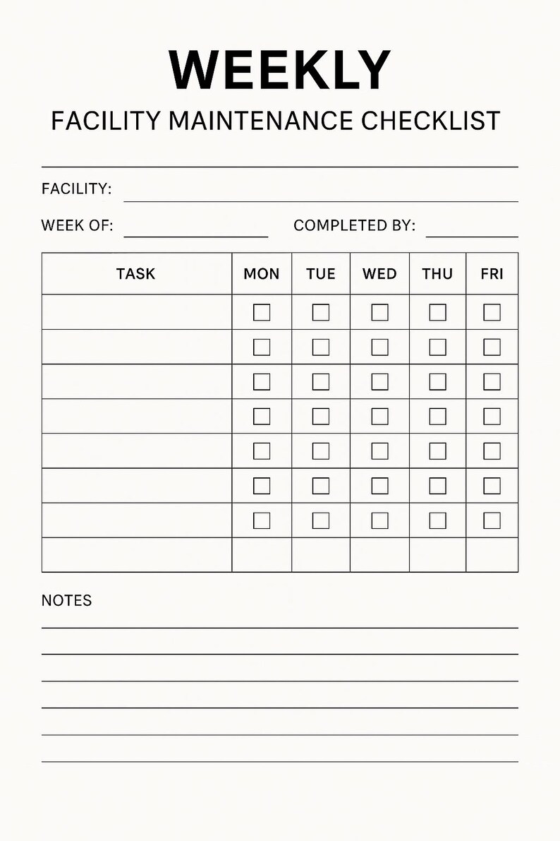 Weekly Facility Maintenance Checklist | Printable PDF & Editable ...