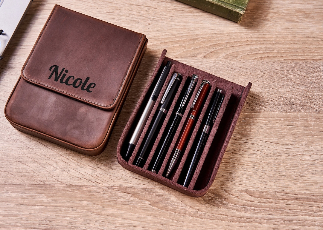 Personalized Leather Pen Case, 3/6/12 Slots Pen Holder, Travel Pen Case ...