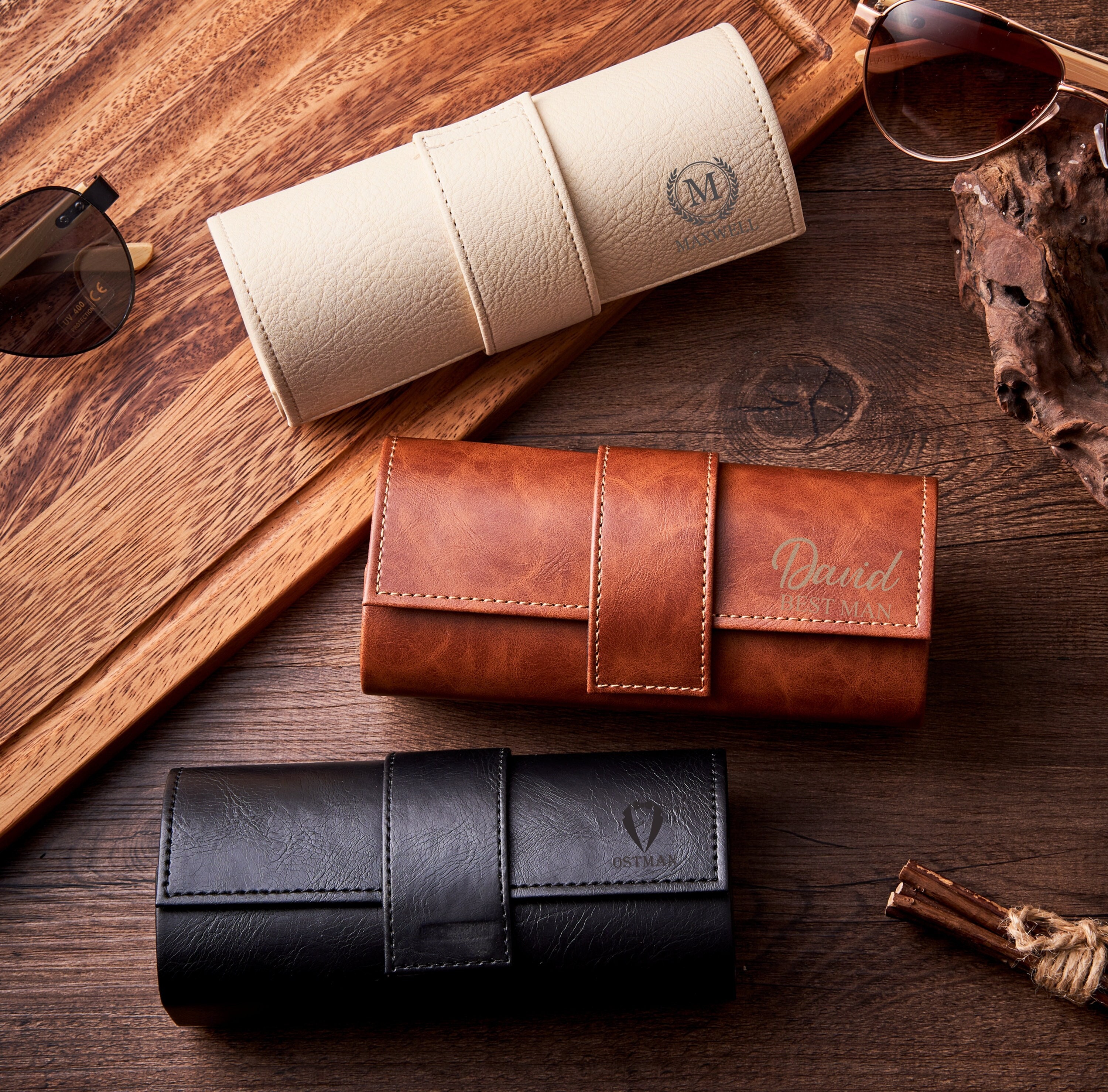 Engraved Mens Sunglasses Leather Box for Wedding Party, Personalized ...