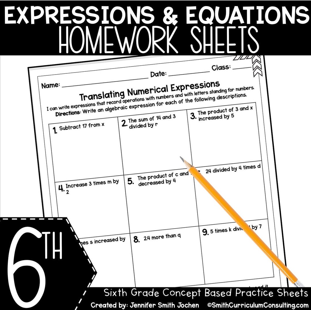 6th Grade Expressions and Equations Homework Sheets - Practice Sheets ...