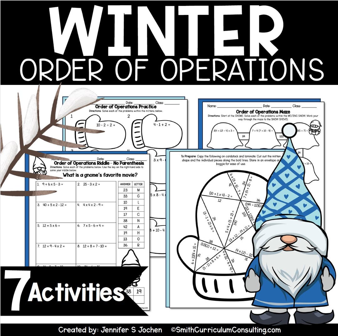 Winter Math Activity Order of Operations 4-5th Grade LOW PREP Worksheet ...