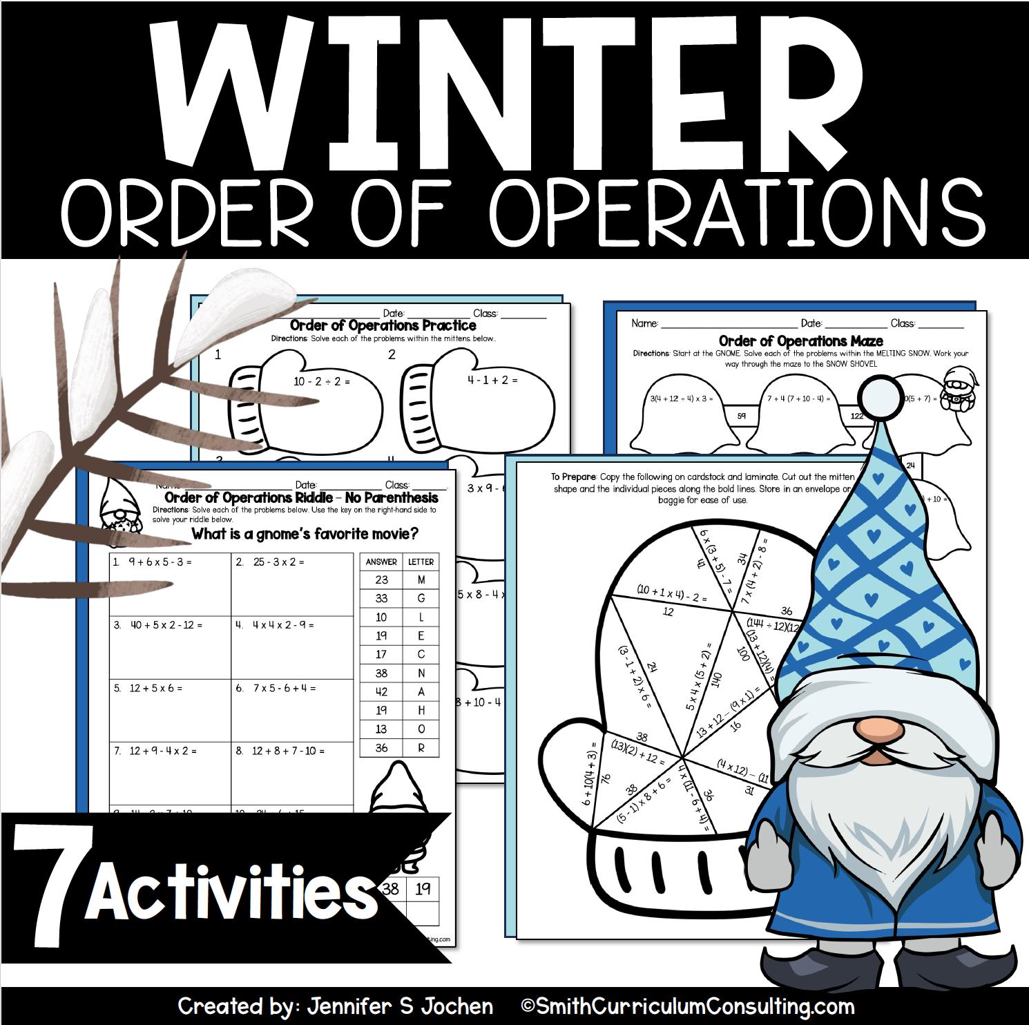 Winter Math Activity Order of Operations 4-5th Grade LOW PREP Worksheet ...