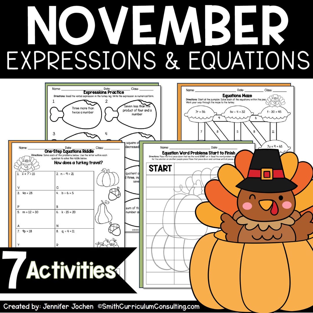 November Expressions & Equations - Low-prep Printables | 6th–8th Grade ...