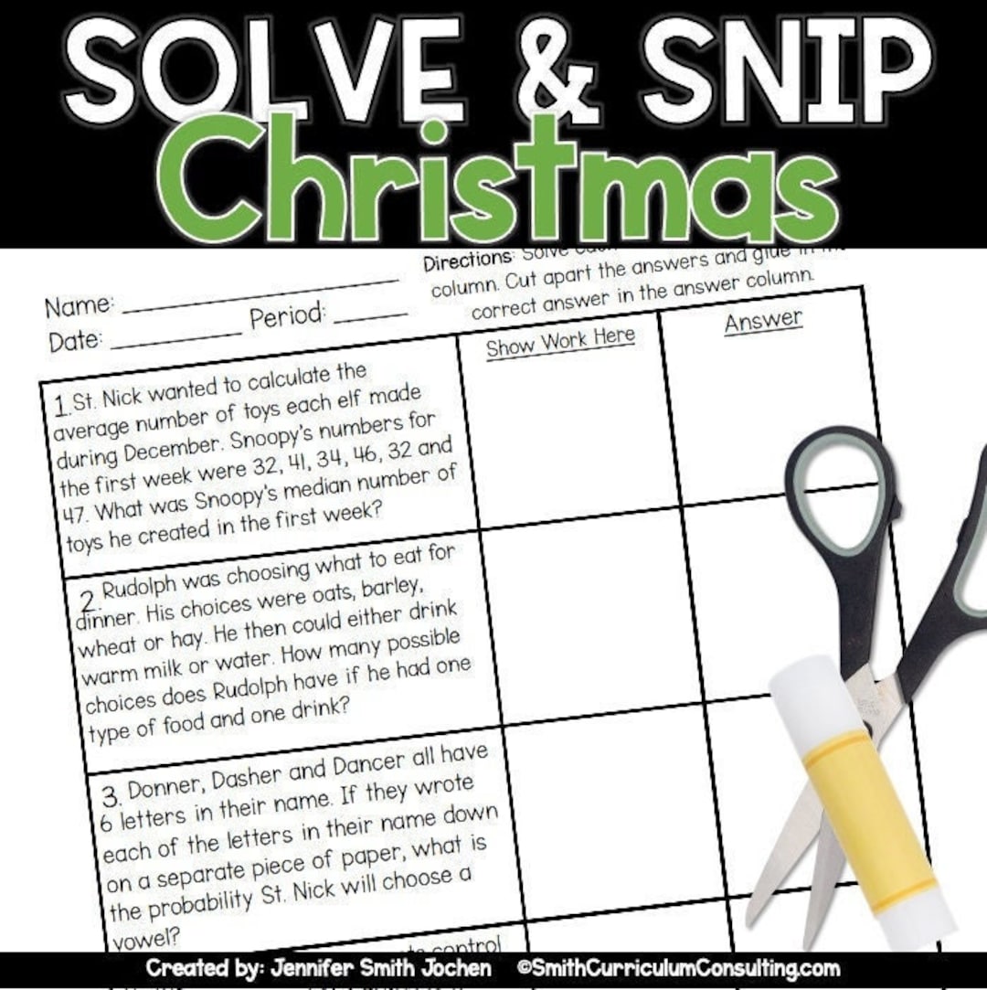 Christmas Math Word Problems Activity Solve and Snip Printable 6th ...