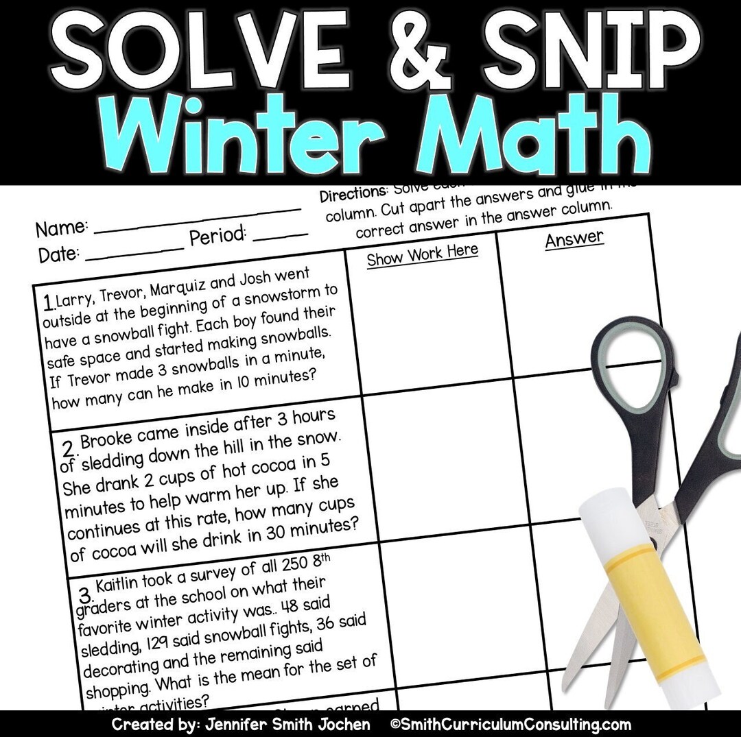 Winter Solve and Snip Printable Operations Decimals Percents Unit Rate ...
