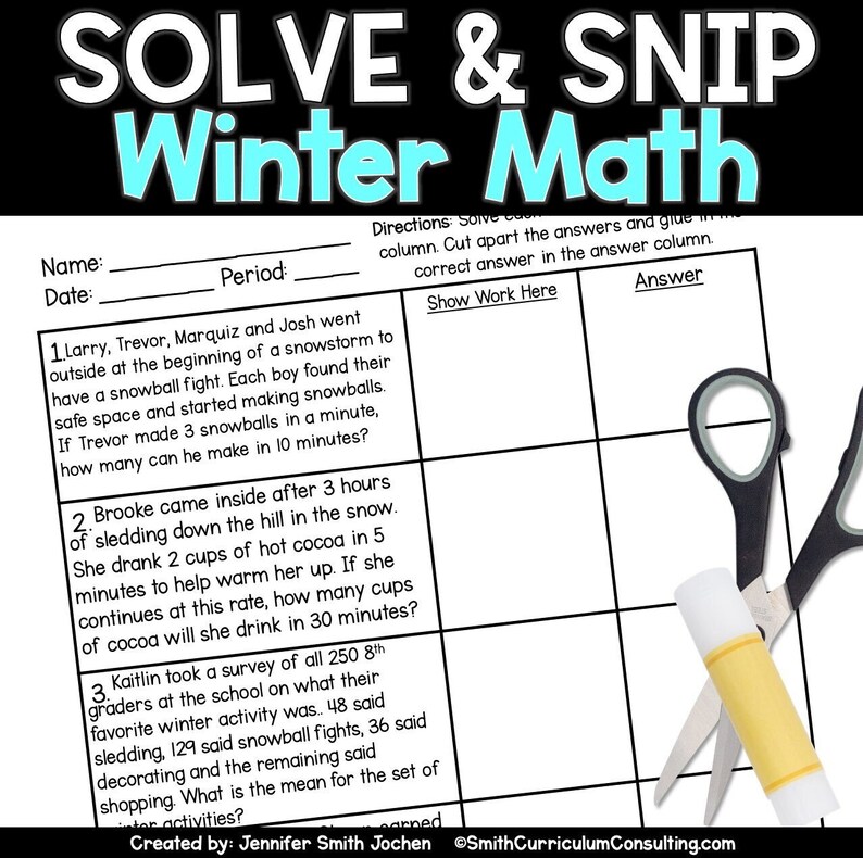 Winter Solve and Snip Printable Operations Decimals Percents Unit Rate ...