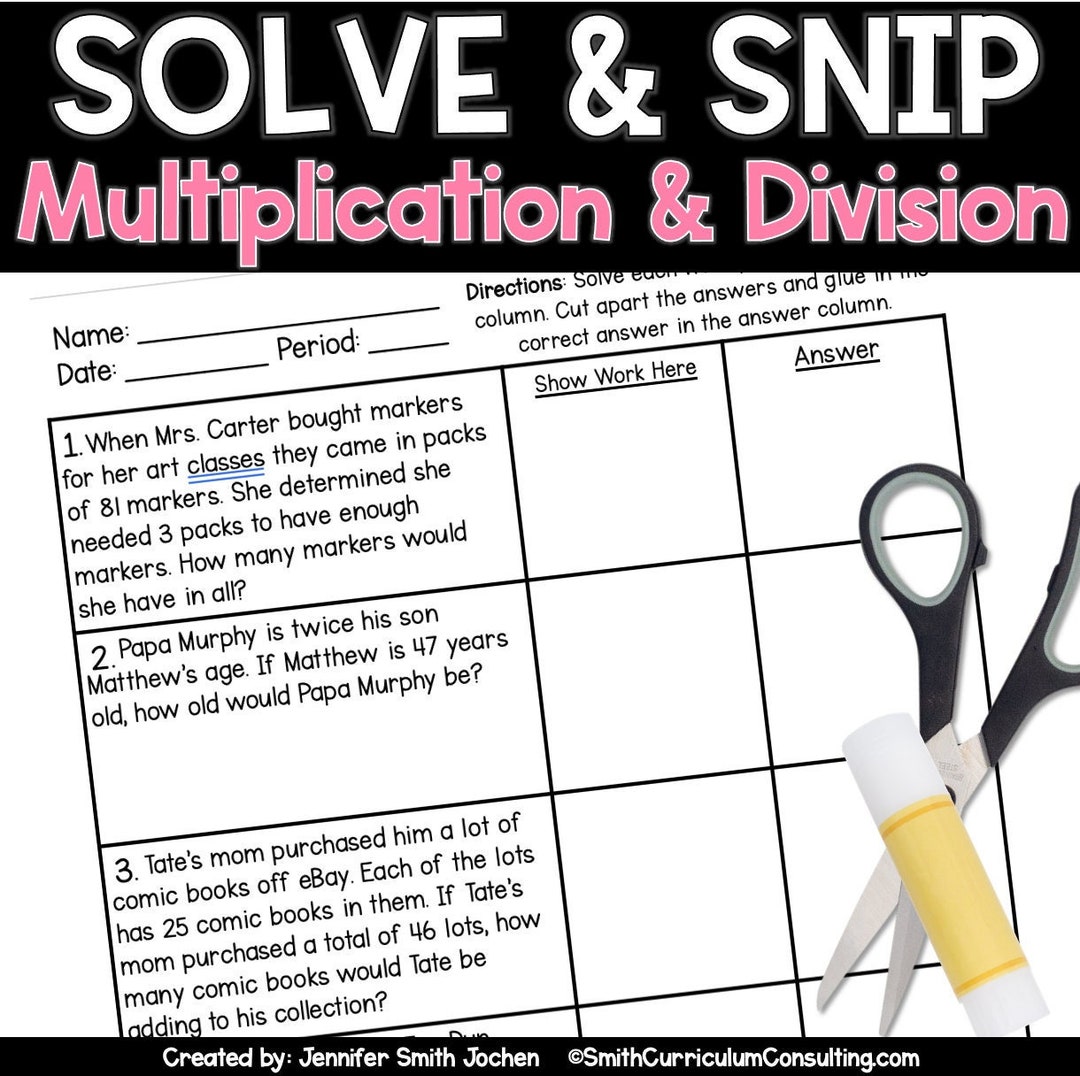 Whole Number Multiplication and Division Solve and Snip Printable Word ...