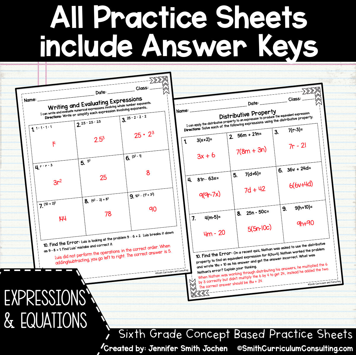 6th Grade Expressions and Equations Homework Sheets Practice Sheets ...
