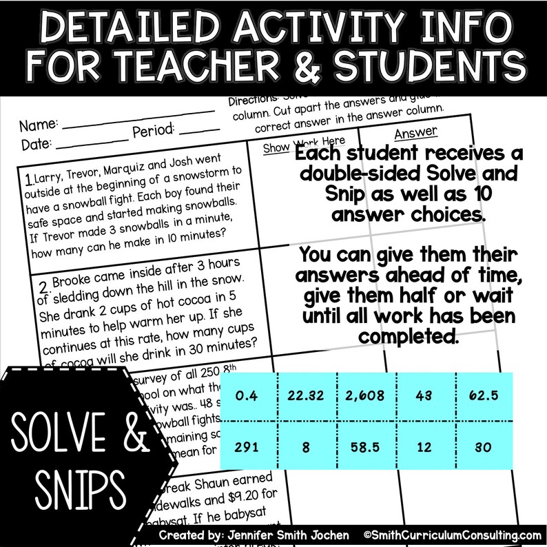 Winter Solve and Snip Printable Operations Decimals Percents Unit Rate ...
