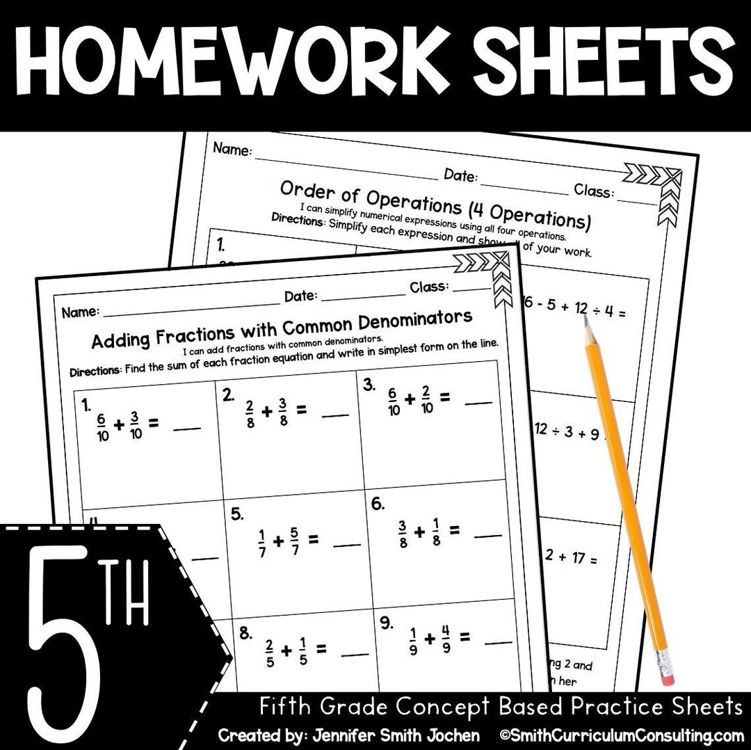 5th Grade Math Homework Sheets for Full Year Bundle Practice Assessment ...