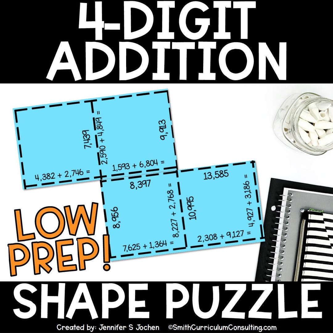 4-digit Addition Puzzle - Multi-digit Addition Math Shape Activity for ...