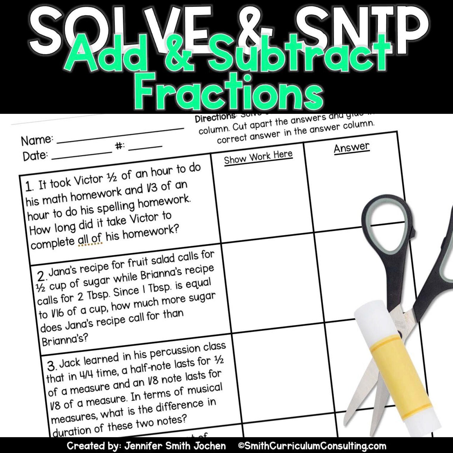 Add and Subtract Fractions Solve and Snip Printable Word Problems 5th ...