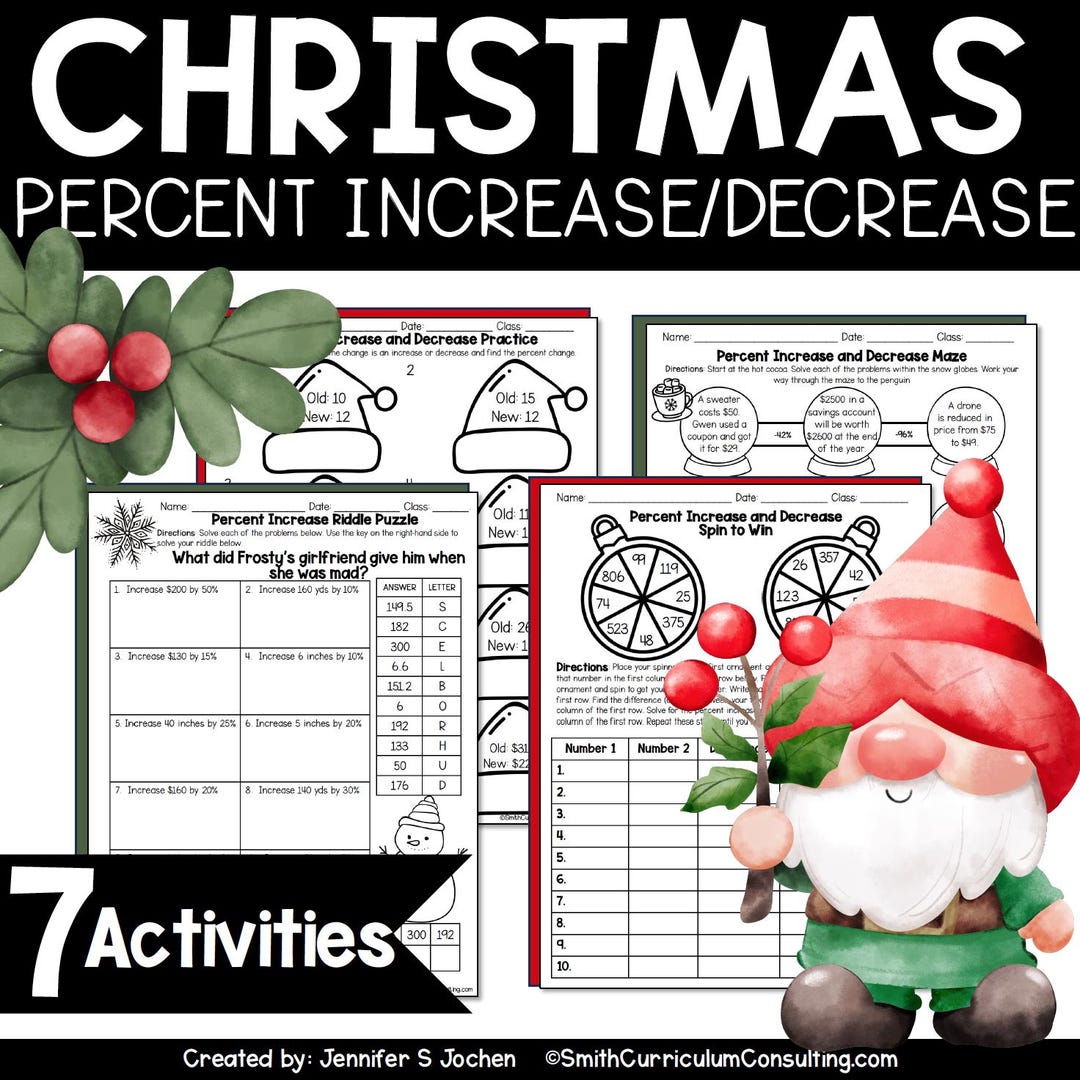 Christmas Math Activity Percent Increase & Decrease LOW PREP Worksheets ...