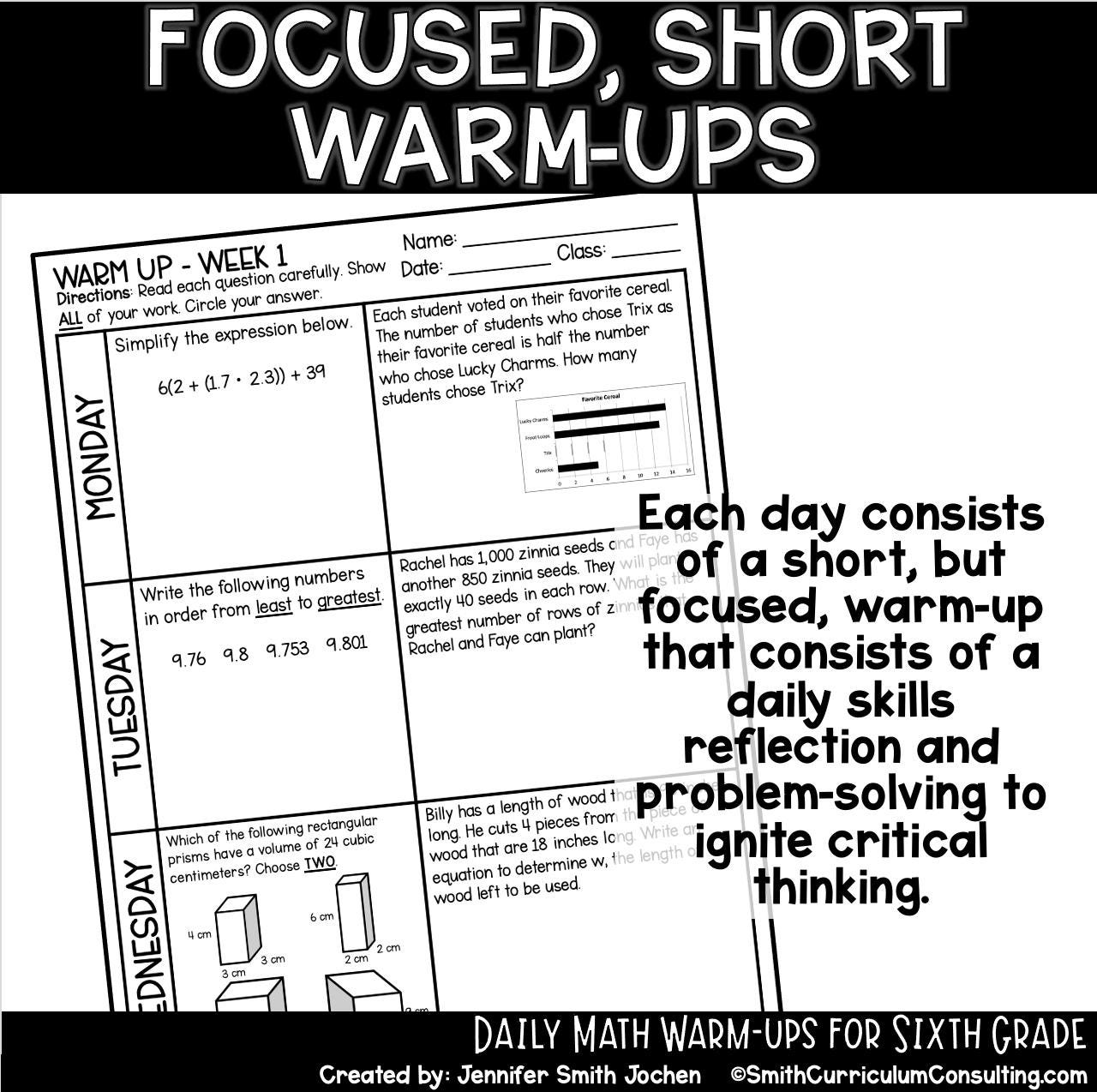 6th Grade Math Warm Ups First Quarter Daily Bell Ringers, Bellwork ...