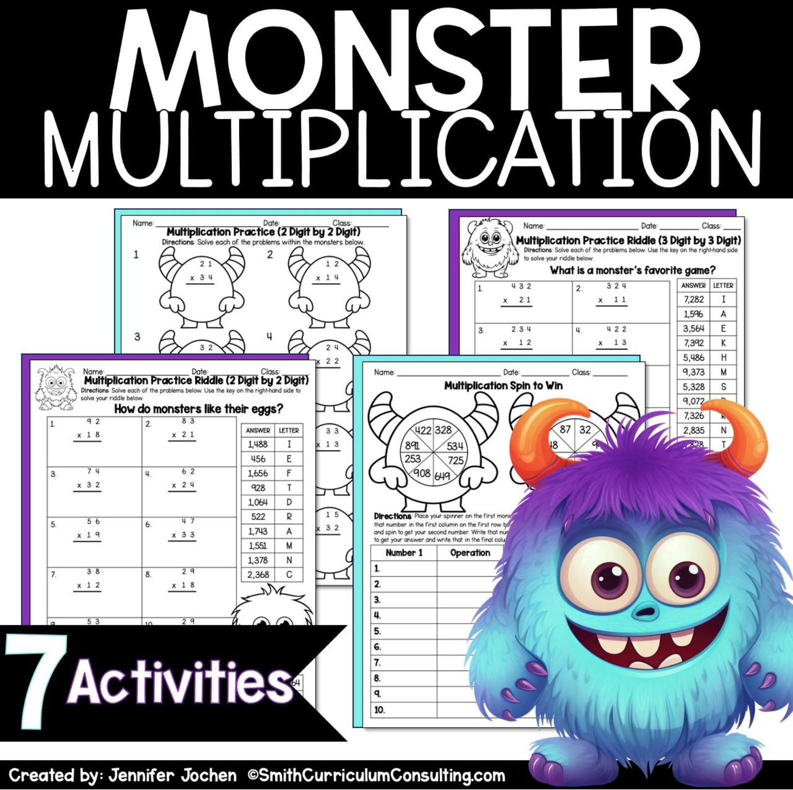 Monster Multiplication Worksheets: 2 & 3 Digit Practice (printable) - Etsy