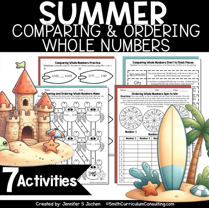 Summer Math Activity Comparing Ordering Whole Numbers 4-5th Grade LOW ...