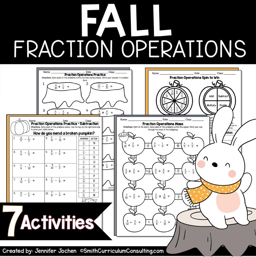 Fall Math Activity Fraction Operations Activities LOW PREP Worksheets ...