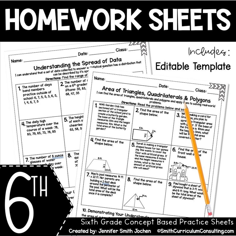 6th Grade Math Homework Sheets for Full Year Bundle Practice Assessment ...