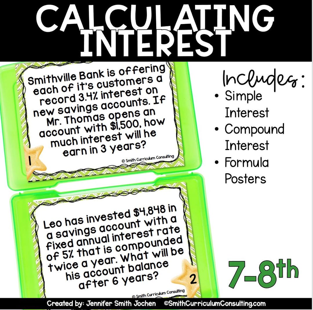 Simple and Compound Interest Task Cards TEKS 7.13e 8.12d 7th Grade 8th ...